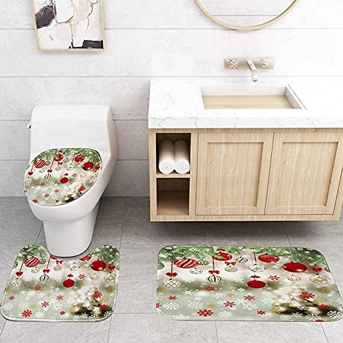 ArtSocket 4 Pcs Shower Curtain Set Colorful Christmas Balls Snowflakes with Non-Slip Rugs Toilet Lid Cover and Bath Mat Bathroom Decor Set 72" x 72"