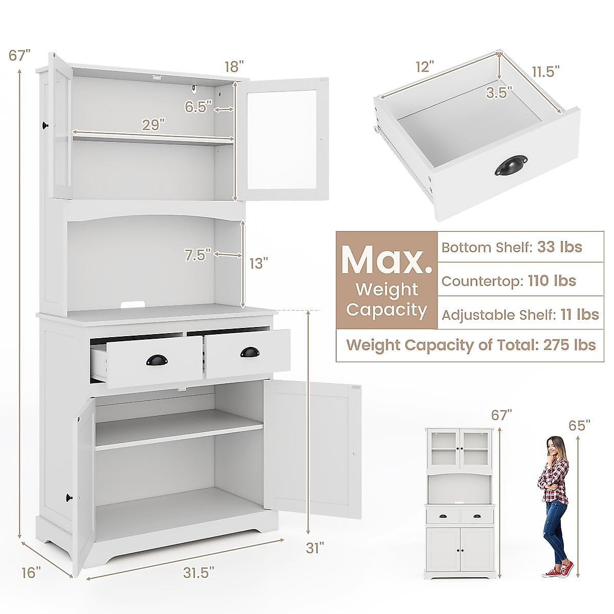 SILKYDRY 67” Kitchen Hutch Storage Cabinet, Tall Pantry Buffet Cabinet with Glass Doors, Adjustable Shelves, 2 Large Drawers, Dining Room Cupboard, Kitchen Hutch with Countertop