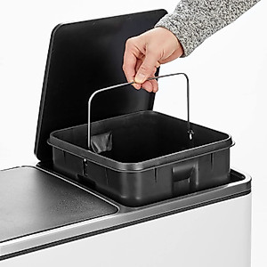 mDesign Metal Steel 16 Gallon/60-Liter, Large Dual Compartment Step Trash Can; Double Bin Trash Can/Recycler Combo for Kitchen; Holds Garbage, Recycling; Features Two Removable Liner Buckets - White