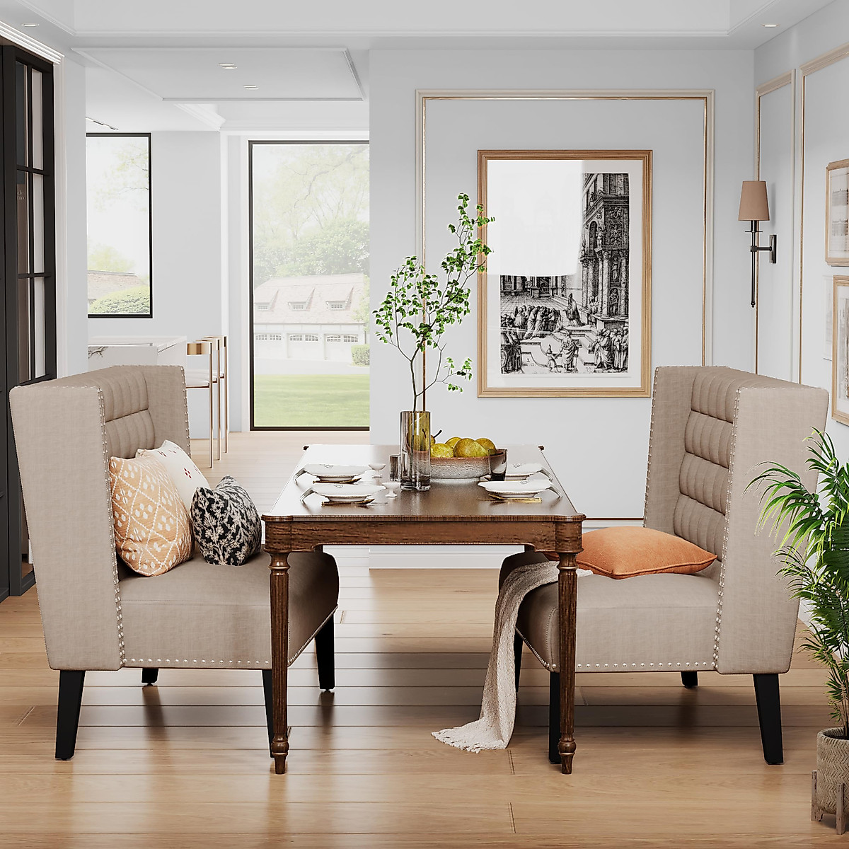 Andeworld Modern Loveseat Settee Bench Sofa Couch, Upholstered Banquette Dining Bench with Back for Dining Living Room Hallway or Entryway Seating,Putty