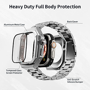 Luxury Aluminum Case with Stainless Steel Band for Apple Watch Ultra/Ultra 2 Titanium 49mm, Rugged Metal Military Protective Cover Protector, Tactical Heavy Duty Protection for Men iWatch, Silver