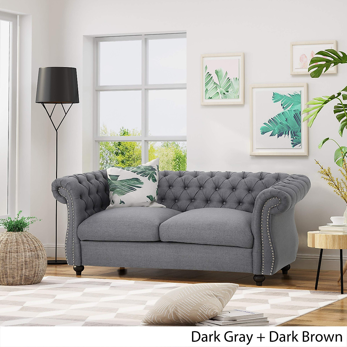 Christopher Knight Home GDFStudio Kyle Traditional Chesterfield Loveseat Sofa, Gray and Dark Brown, 61.75 x 33.75 x 27.75