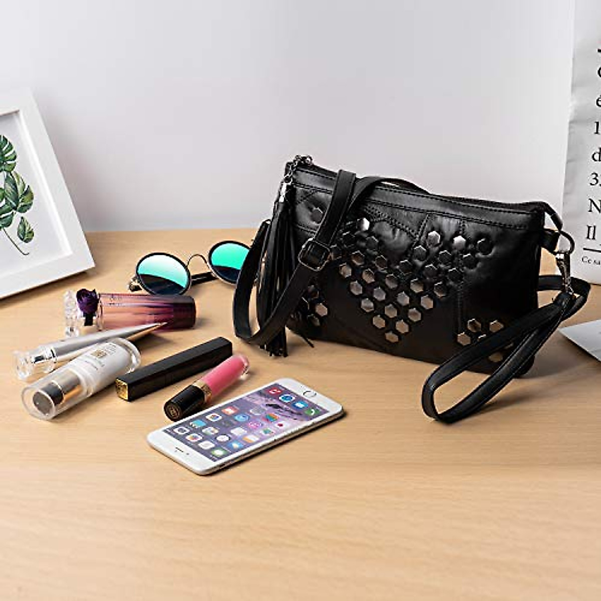 LaRechor Small Crossbody Purse for Women Rivets Clutch Handbag with Tassel Zip & Wrist Strap Bag