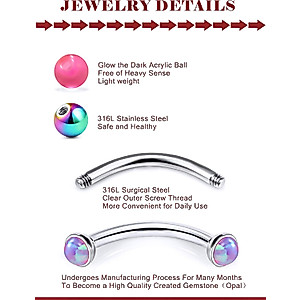 Prjndjw 16G Eyebrow Rings Surgical Steel Eyebrow Piercing Opal Glow in The Dark Cartilage Rook Daith Tragus Earrings Navel Belly Lip Curved Barbell Body Jewelry 5/16in(8mm) 12PCS 3mm