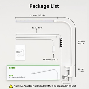 Lepro Clip on Desk Lamp LED Reading light Dimmable USB Clamp Lamp with 3 Color Modes 10 Brightness, Adjustable Flexible Gooseneck Table Light for Bed Headboard, Workbench, Home Office, Computer, White