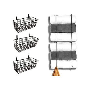 2 Set Towel Rack Holder, Wall Mounted Metal Towel Shelf with Hooks，3 Set Hanging Wire Baskets,Wall Mount Fruit Basket,No Drilling