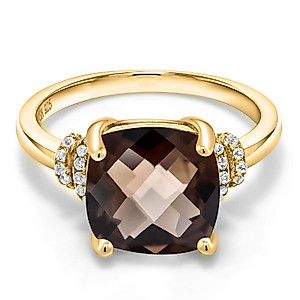 Gem Stone King 18K Yellow Gold Plated Silver Brown Smoky Quartz Ring For Women (4.14 Cttw, Cushion Checkerboard 10MM, Available in size 5, 6, 7, 8, 9)