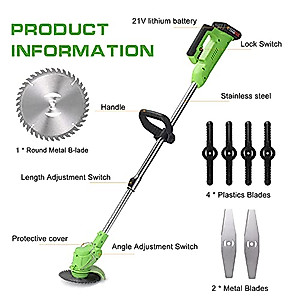 dsfen Electric Lawn Mower Rechargeable Li-ion Battery Cordless Grass Trimmer Auto Release Household Portable Garden Home Trimming Machine for Gardening Green