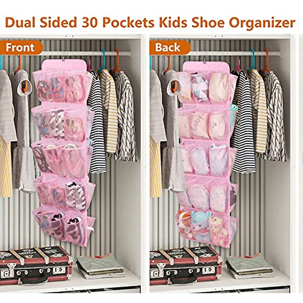 AOODA Hanging Kids Shoe Organizer for Closet Rod Double Sided 30 Large Pockets Baby Shoe Rack for Toddler Shoe Holder With Rotating Hanger For Barbie, Baby Nursery, (Pink)