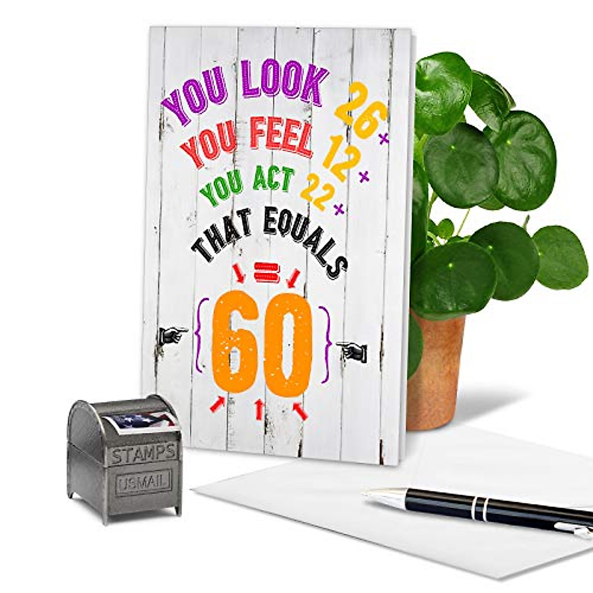 NobleWorks - 60th Milestone Birthday Card with Envelope - Fun Notecard for 60 Year Old, Stationery Congrats - Age Equation 60 C7194MBG