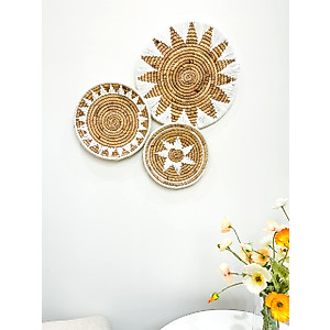 Desantiago Boho Wall Basket Decor - Set Of 3 White Round Wall Baskets Decorative, Decorative Hanging Baskets, Black Wicker Baskets Decorative, Corner Hanging Basket