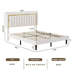 HITHOS Queen Size Bed Frame with Adjustable Tufted Headboard, Velvet Upholstered Platform Bed Frame with Gold Trim, Heavy Duty Mattress Foundation with Steel Frame, Easy-Assembly Slats (Beige, Queen)