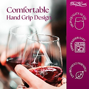 Floral Monogram Engraved Initial Letter Stemless Wine Glass 15 oz. Personalized Monogrammed Custom Gift (A)