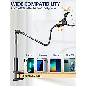 PEMOTech Gooseneck Phone Holder Stand for Bed, Flexible Arm Cell Phone Stand Clamp on Desk, 360° Rotation Horizontally + 220° Rotation Up and Down, Compatible with 4"-7" Devices