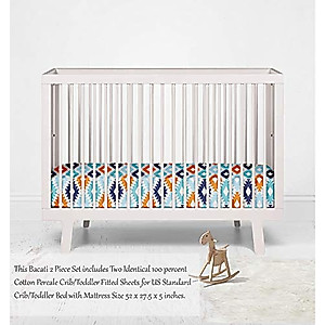 Bacati Liam Aztec Kilim Cotton Percale Crib/Toddler Bed Fitted Sheets 2 Piece, Aqua/Orange/Navy