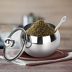 hanmir Stainless Steel Sugar Bowl with Clear Lid and Sugar Spoon 8.1 Ounces(240 Milliliter) Sugar Container for Home and Kitchen