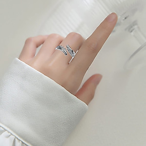 YLT 925 Sterling Silver Feather Angel Wings Ring Adjustable Dainty Wrap Open Thumb Rings for Women (6#7#8#9#, Oxidize)