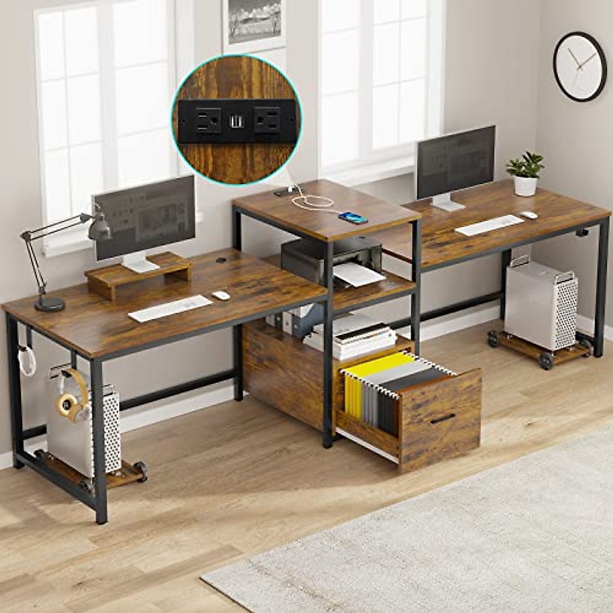 SEDETA 98" Home Office Desk, 2 Person Computer Desk with Letter/A4 File Drawer & Power Strip with USB, Long Desk with Storage, Printer Shelf & Monitor Stand for Home Office, Rustic Brown