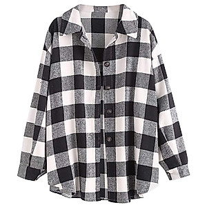 ZAFUL Women's Classic Black Buffalo Plaid Shirt Collared Long Sleeve Button Down Pocket Shacket