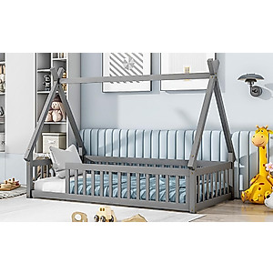 DreamBuck Twin Size Toddler Floor Bed, Montessori Floor Bed with Fence and Safety Guardrails, Solid Pine Tent-Shaped Floor Bed Frame for Kids Toddlers Girls Boys, Wood Slat Support, Grey