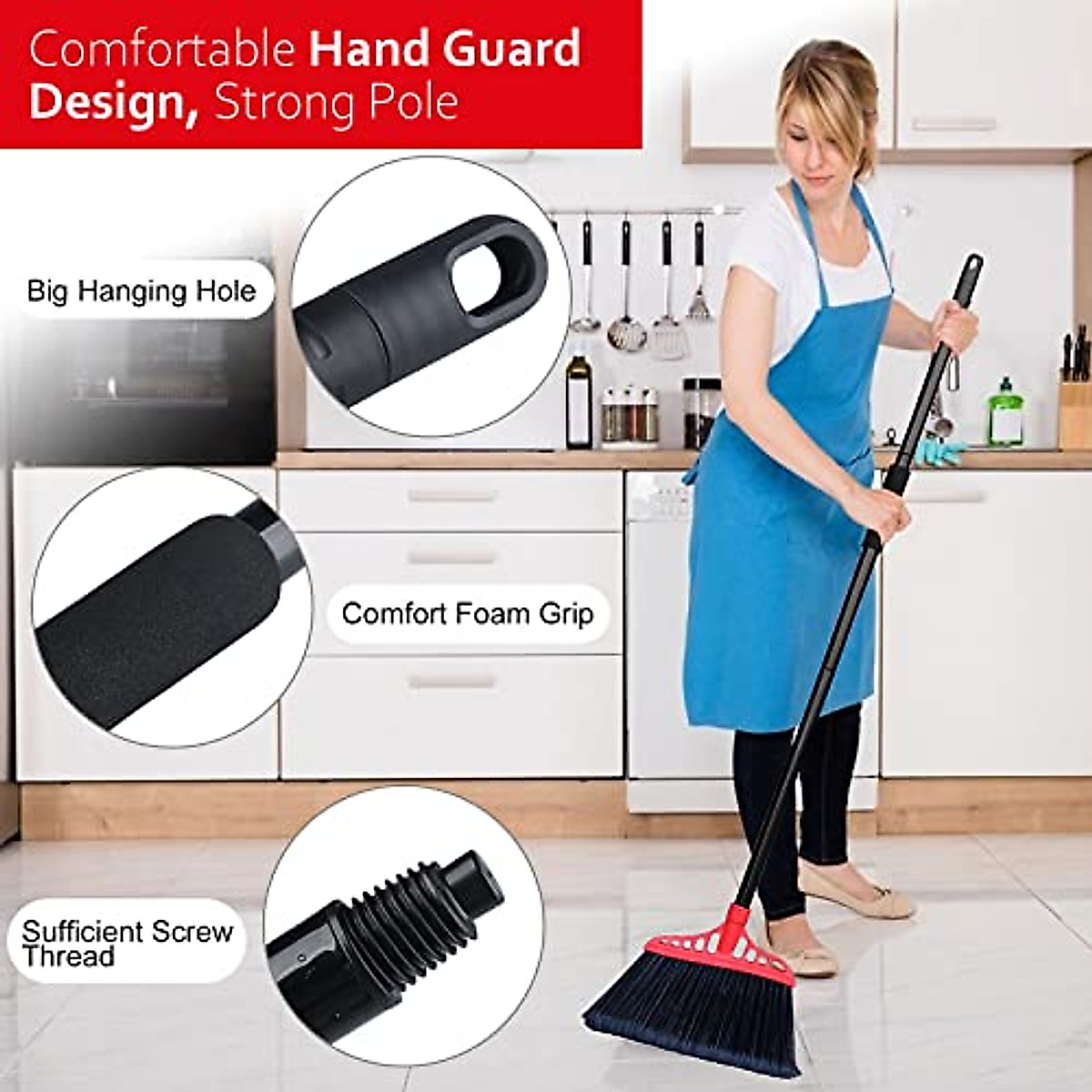 Heavy Duty Broom Outdoor/Indoor Commercial Broom with 55" Long Handle, Wide Angle Corner Broom Perfect for Garage Patio Kitchen Sidewalk Deck Porch Driveway Floor Room Rubbish Sweeping - Black and Red