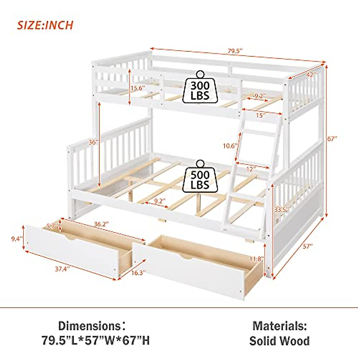 Merax Twin-Over-Full Bunk Bed with Ladders and Two Storage Drawers,White