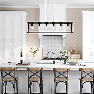 HCCZ 6 Light Dining Room Light Fixture Black Farmhouse Chandelier Kitchen Island Pendant Lighting Rectangle Modern Industrial Living Room Hanging Lights Adjustable Height