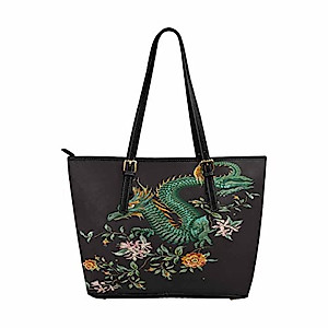 InterestPrint Flower Green Dragons Golden Roses Women's Genuine Leather Handbags Shoulder Tote Top Handles Crossbody Bag Satchel