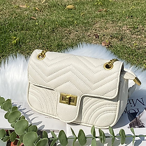 Seagloca 9.4" Women's PU Leather Quilted GG Messenger Shoulder Bag Purse Chain Handbag Crossbody Bag (White