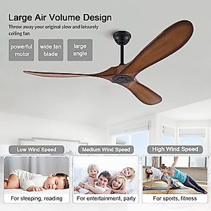 BOJUE 60 Inch Wood Ceiling Fan Without Light Remote Control, Low Profile Ceiling Fan Indoor Outdoor with 3 blade for Patio Living Room, Bedroom, Office, Summer House, Etc (Deep Walnut Blades)