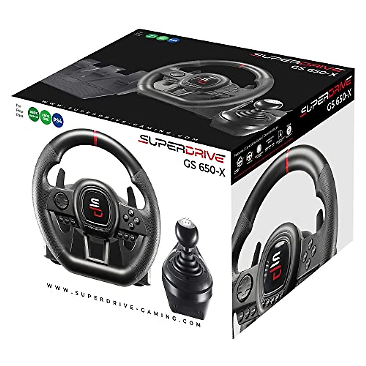 SUBSONIC Superdrive - GS650-X steering wheel with manual shifter, 3 pedals, and paddle shifters for Xbox Serie X/S, PS4, Xbox One (programmable for all games)