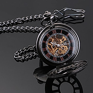 SIBOSUN Skeleton Pocket Watch Special 12 Little Window Case Design Men Black Mechanical with Chain Box