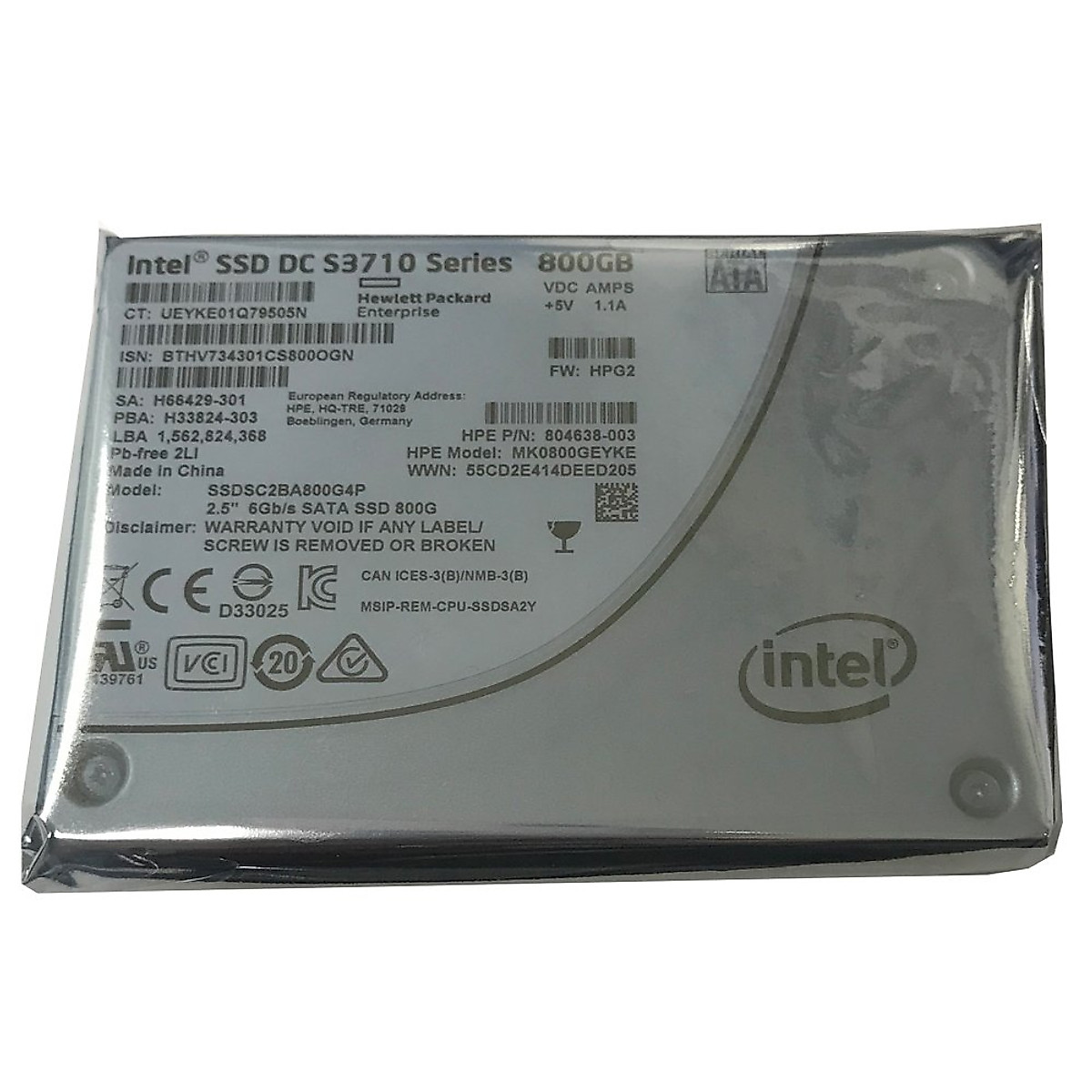 HP 804638-003 Intel DC S3710 Series 800GB 2.5-inch 7mm SATA III MLC (6.0Gb/s) Internal Solid State Drive (SSD) SSDSC2BA800G4P Model MK0800GEYKE - New OEM w/ 5 Years Warranty