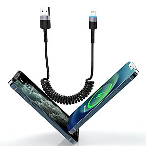 1.8M/6Ft USB iPhone Coiled Lightning Charging Cable for CarPlay,Apple Fast Charging Cord Sync USB Data Spring LED Retractable Charger Adapter Connector for iOS/iPhone 12/11/SE/Xs/Xr/8/7/6/iPad/iPod