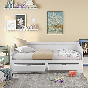RUNWON Wooden Daybed with Trundle Bed and Two Storage Drawers, Extendable Bed Daybed,Sofa Bed with Two Drawers, White, King (Pull-Out Bunk Bed)