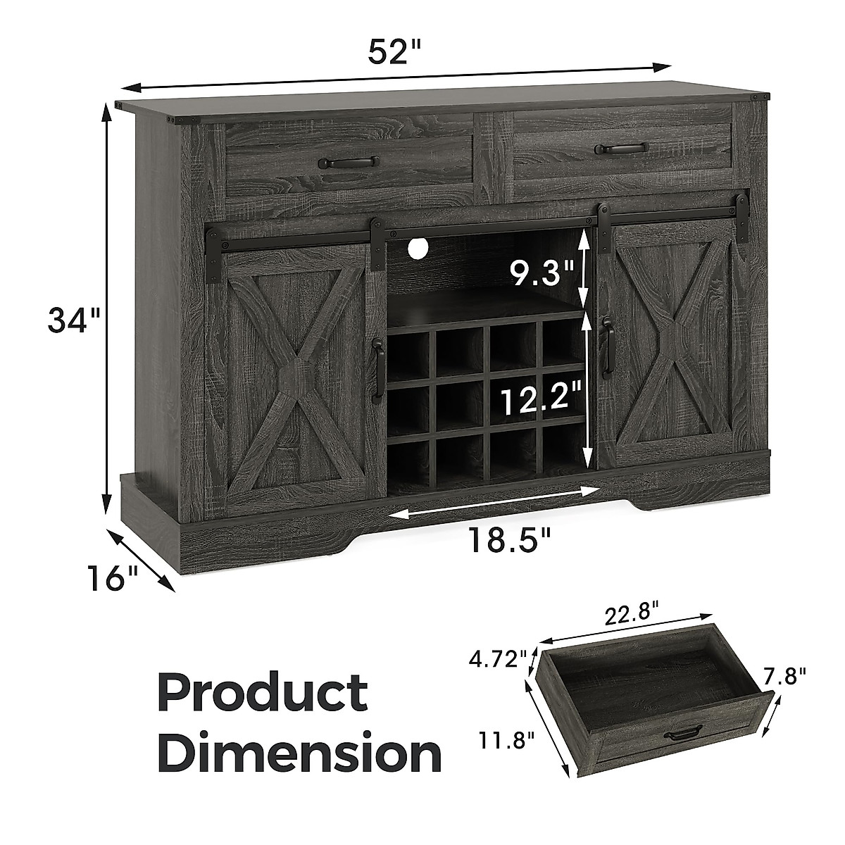 RoyalCraft Farmhouse Buffet Cabinet with Storage, 52'' Wine Bar Cabinet with Sliding Barn Door, Liquor Coffee Bar Cabinet and Sideboard for Kitchen, Dining Room, Rustic Dark Grey
