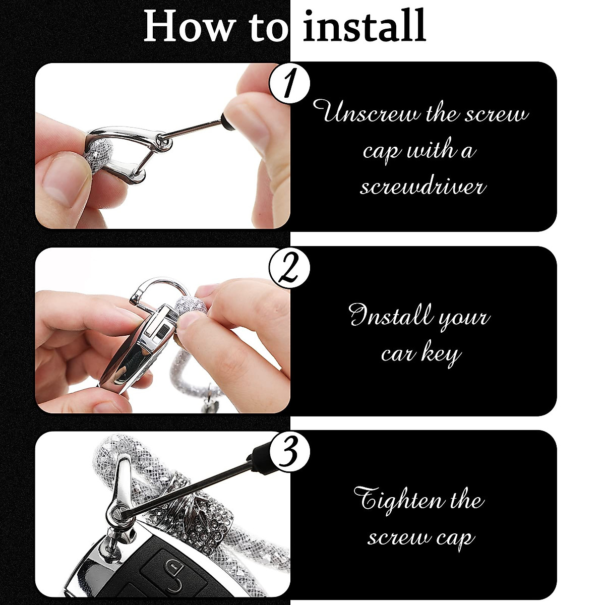 Leelosp Bling Rhinestone Wristlet Neck Lanyards Crystal Car Keychain with Diamond Metal Clasp Keychain for Women ID Badge (White)