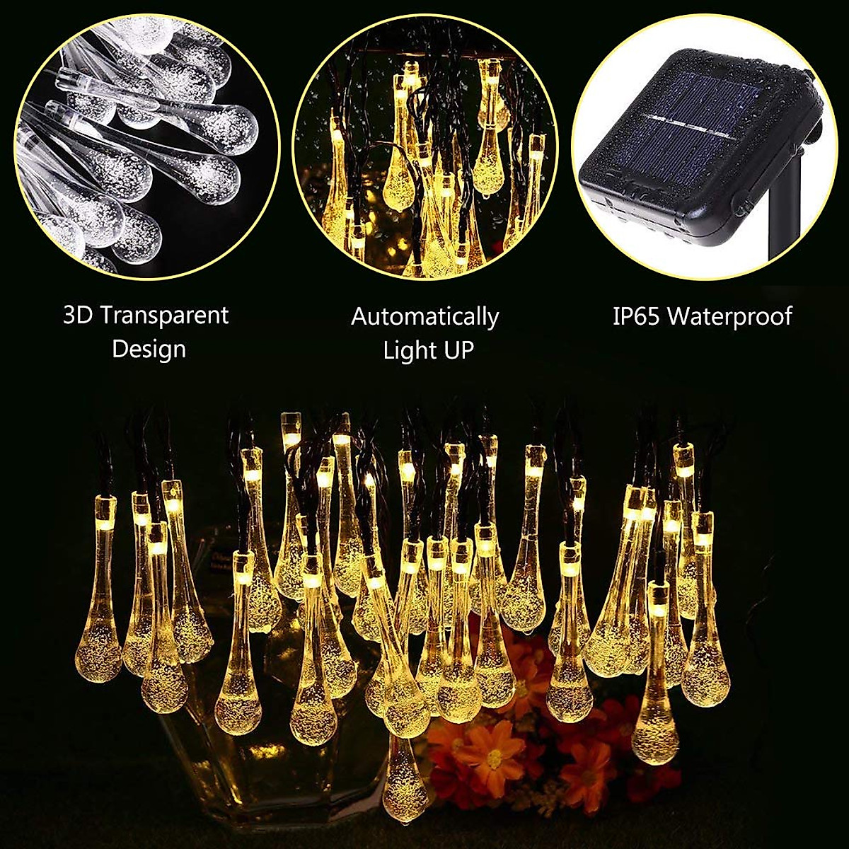 SEYEON Solar String Lights Water Drop Decorative Lights String Waterproof Outdoor Garden Fairy Lights for Patio, Yard, Home, Parties 2-Pack (Warm White)