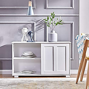 QIHANG-US Kitchen Storage Sideboard with Sliding Door, Farmhouse Barn Door Buffet Console Table, Antique Stackable Cabinet Cupboard with Shelves for Living Room Entryway Dining Room, Warm White