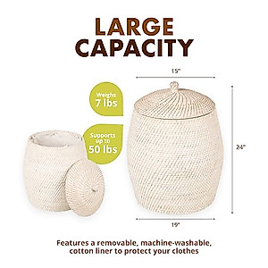 KOUBOO Laguna Rattan Beehive Hamper, Removable Cotton Liner, Laundry Hamper, Bathroom, Bedroom, Kids Room, Nursery, Hamper with Lid, Home Essentials, White Wash