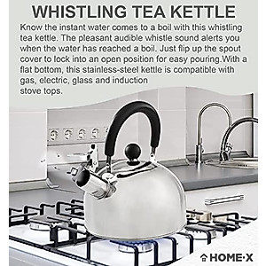 HOME-X Shiny Whistling Kettle, Stainless-Steel Stovetop Tea Kettle, Whistling Water Boiler, Large 2 Liter Capacity,8 ¾” L x 7" W x 8 ¼”, Polished Stainless-Steel