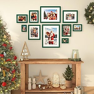 KINLINK 11x14 Picture Frame Green, Solid Wood Frames with Acrylic Plexiglass for Pictures 5x7/8x10 with Mat or 11x14 without Mat, Tabletop and Wall Mounting Display, Set of 4