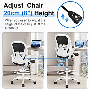 Primy Drafting Chair Tall Office Chair with Flip-up Armrests Executive Ergonomic Computer Standing Desk Chair with Lumbar Support and Adjustable Footrest Ring(White)
