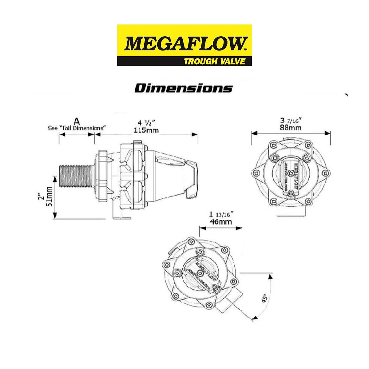 Jobe Valves Megaflow Valve with Short Tail, 3/4", Yellow/Black (Does NOT have Nut and Washer)