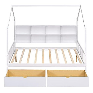 MERITLINE Full Size House Bed for Kids, Wooden Kids Bed Frame with Drawers & House Roof Frame, House-Shaped Bed with Storage Shelf & Slat Support, No Box Spring Needed (White)