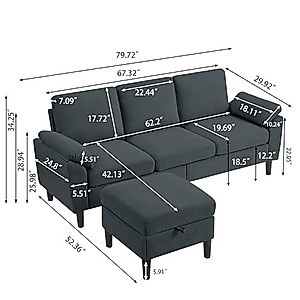 Pingliang Home 79" Convertible Sectional Sofa, Small L Shaped 3-Seat Couch with Reversible Chaise, Modern Linen Sofas Couches for Living Room, Apartment and Small Space, Dark Grey