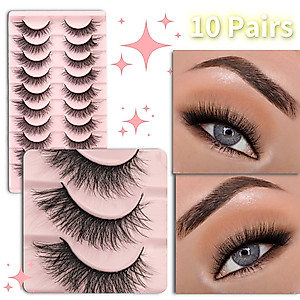 False Eyelashes Mink Lashes Natural Wispy Cat Eye Lashes Fluffy Eyelashes Pack 3D Strip Short Volume Fake Eyelashes 10 Pairs by Geeneiya
