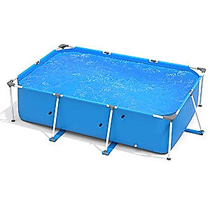 Goplus Frame Swimming Pool, 10ft x 6.7ft x 30in Rectangular Above Ground Pools W/Steel Frame, Pool Cover, Easy Setup & Drainage, Family Pool for Backyard, Garden,Patio, Balcony (Blue)