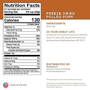 Nutristore Freeze Dried Pulled Pork | Pre-Cooked Shelf Stable Meat for Survival Emergency Food Supply, Meal Prep, and Backpacking/Camping | Made in USA | 25 Year Shelf Life | #10 Can, 18.5 oz