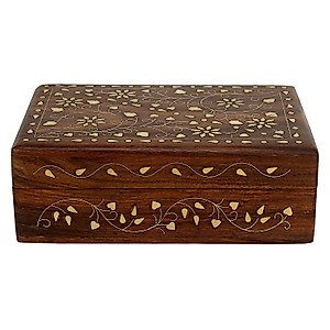 Ajuny Hand Carved Wooden Decorative Jewelry Storage Box with Floral Carvings Design Brass Inlay Keepsake Travel Treasure Chest Trinket Holder Organiser Great Gifts